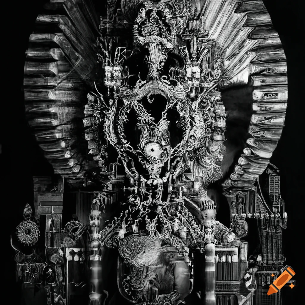Black and white eldritch deity with circuits and machinery on Craiyon