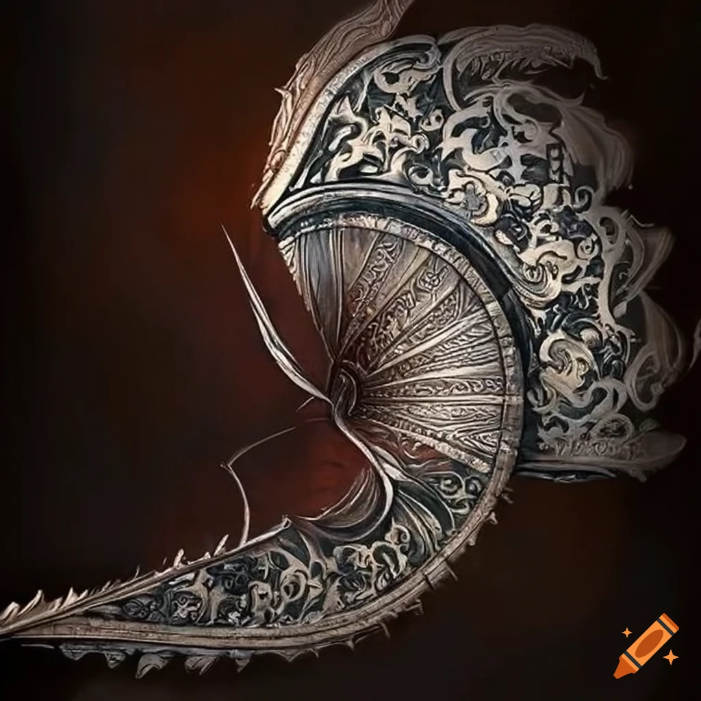 Ornate silver-bladed war fan on Craiyon