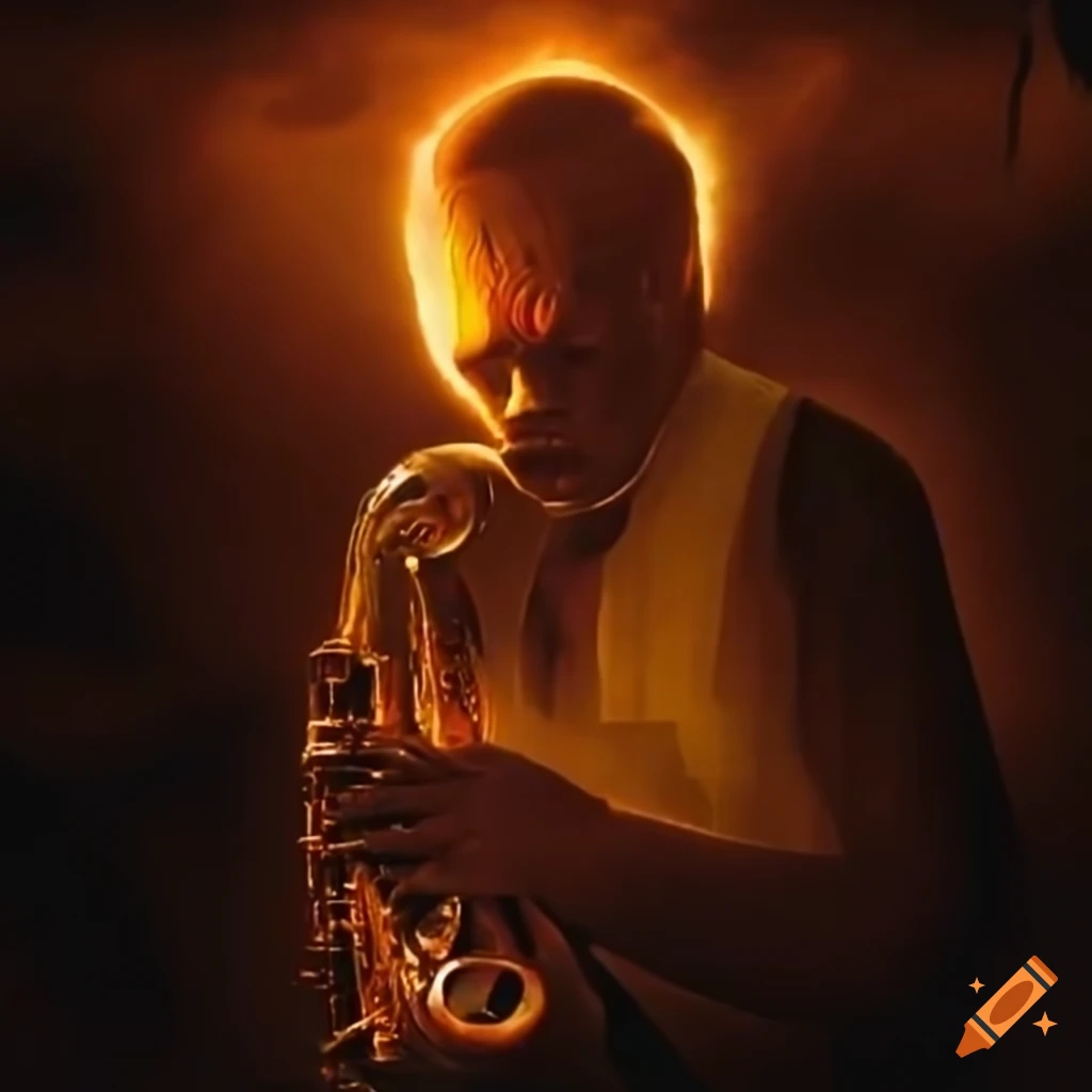 Orange ghost with yellow eyes playing saxophone in New Orleans style ...