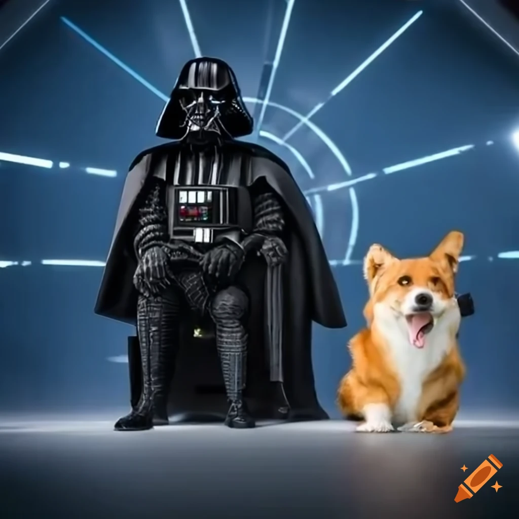 Darth Vader with playful corgis in a space station on Craiyon