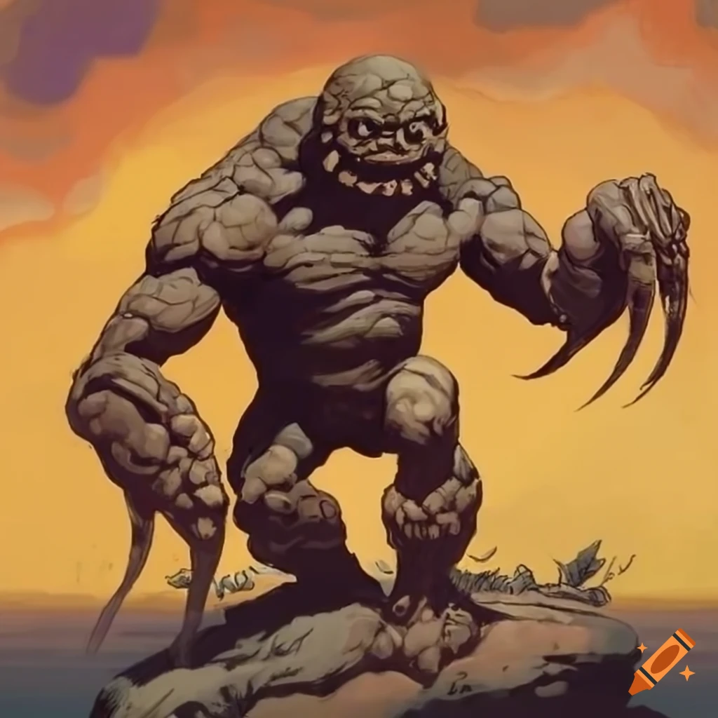 Clay golem with teeth and claws inspired by frank frazetta on Craiyon