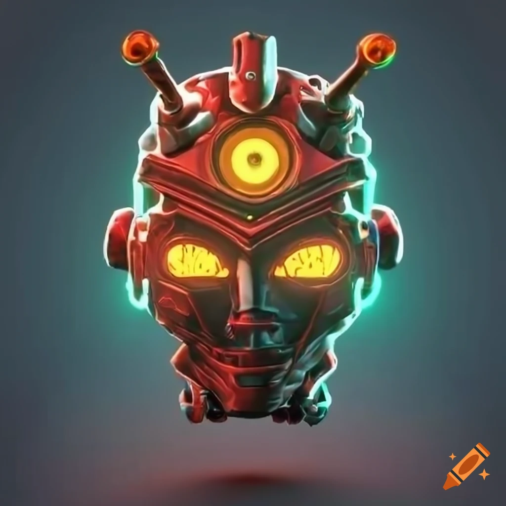 Stylized robot head with intricate design and neon green smiley face on ...