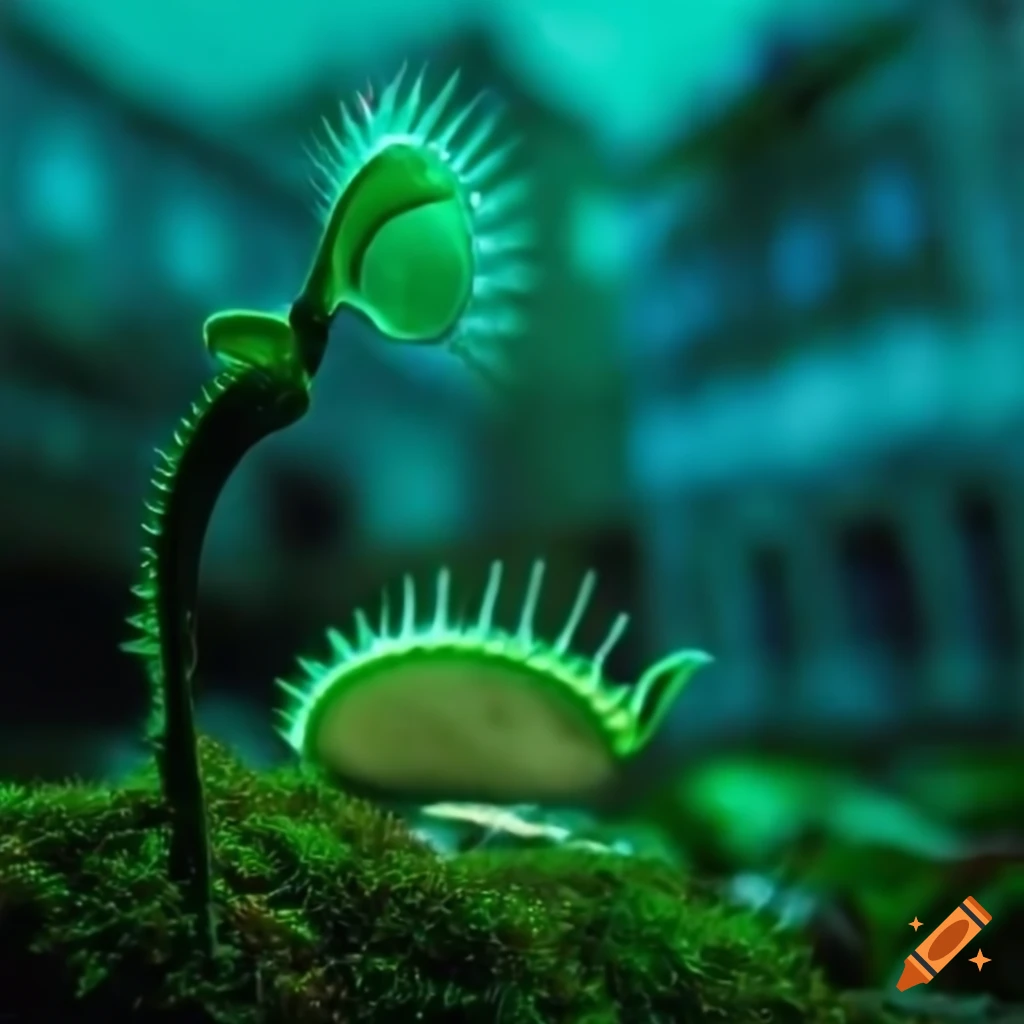 Glowing biopunk Venus flytrap creature in a moss-covered cityscape on Craiyon