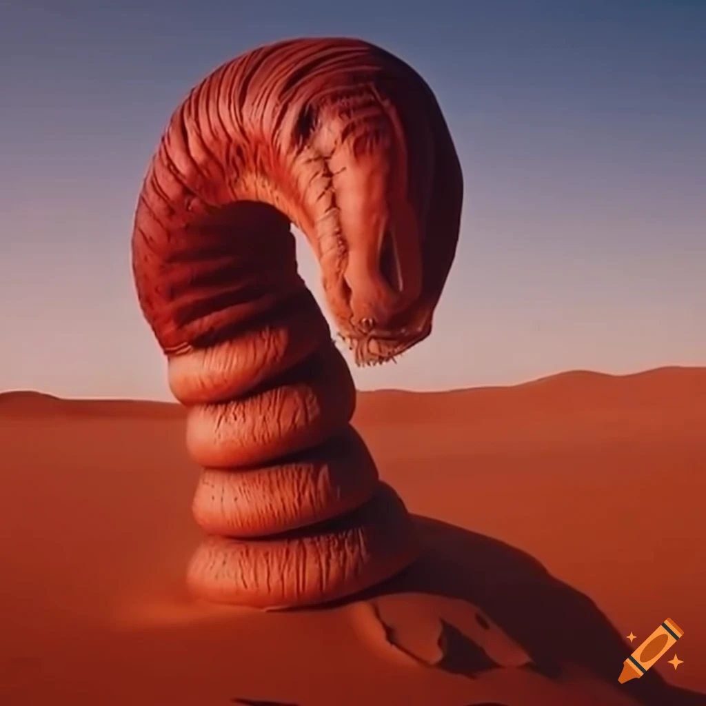Mythical sandworm towering over red desert landscape with wide open jaw ...
