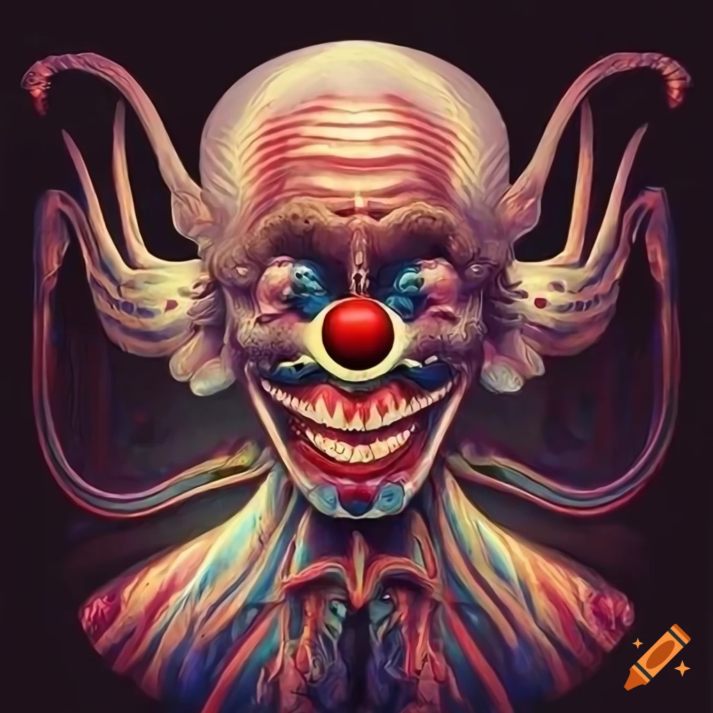 Old circus poster featuring biomechanoid creatures and clowns on Craiyon