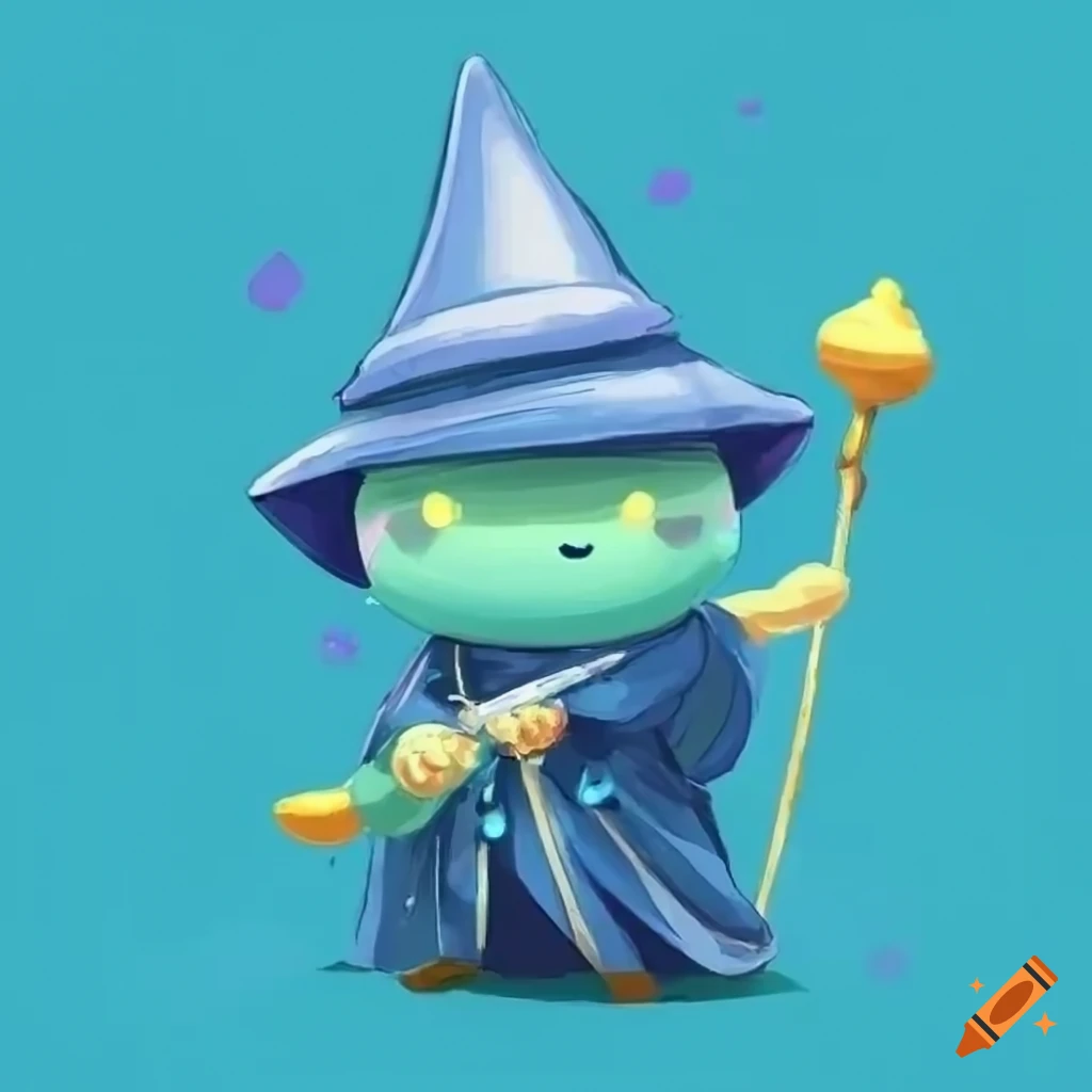 Adorable blue slime wizard with pointed hat and staff on Craiyon