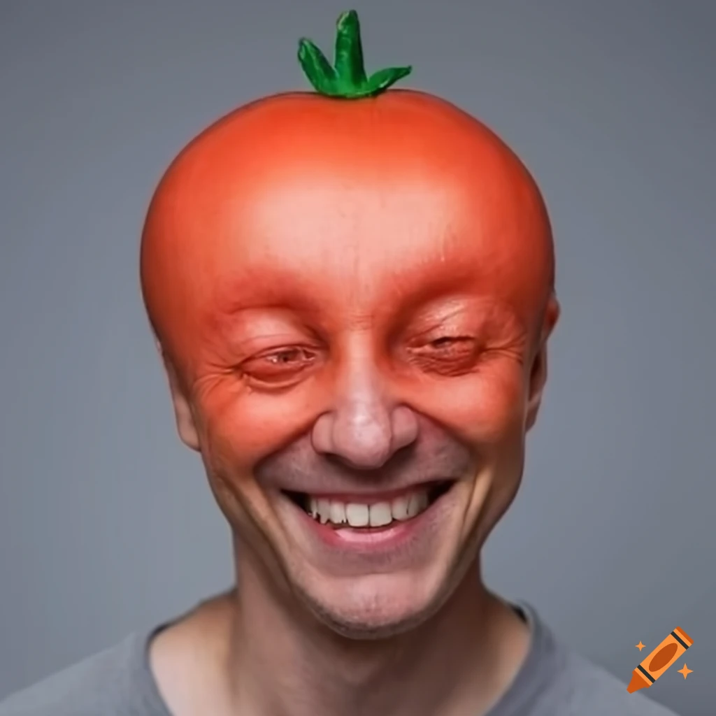 Man with a tomato-shaped head smiling on light gray background on Craiyon