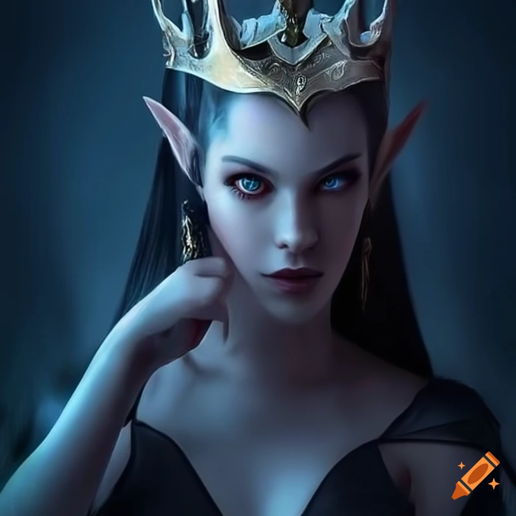 Noble bat-winged elf queen in a night city with a golden crown on Craiyon