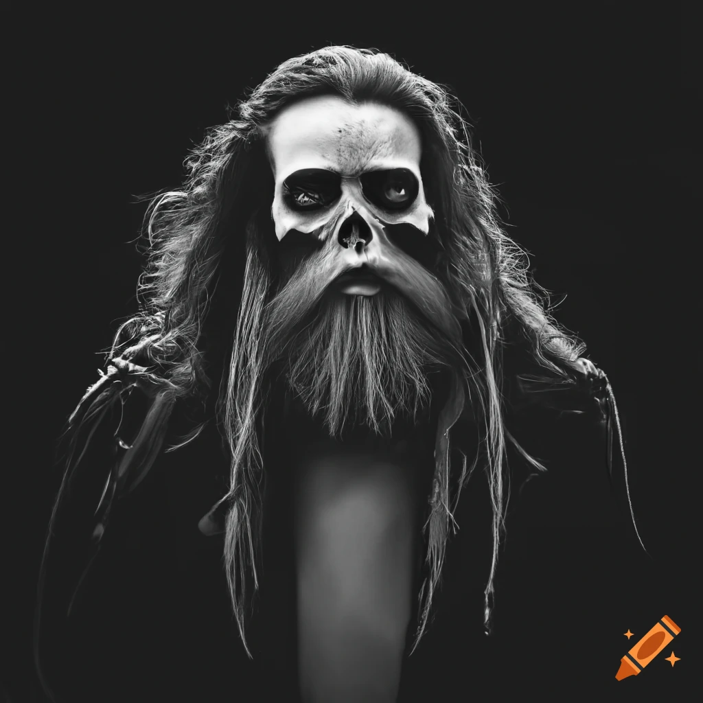 Skeleton with long beard and hair in black leather jacket next to ...