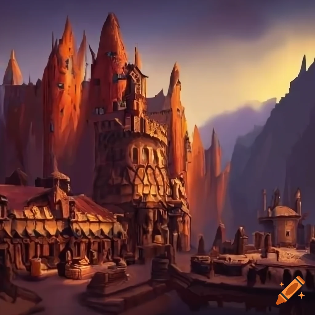 Detailed bustling Dwarven market scene with scarlet castle walls and ...