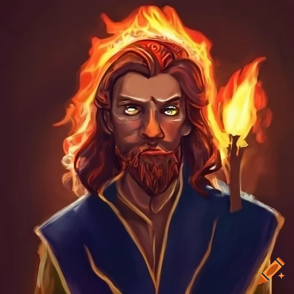 Male fire genasi wizard with fiery hair and magical robes on Craiyon