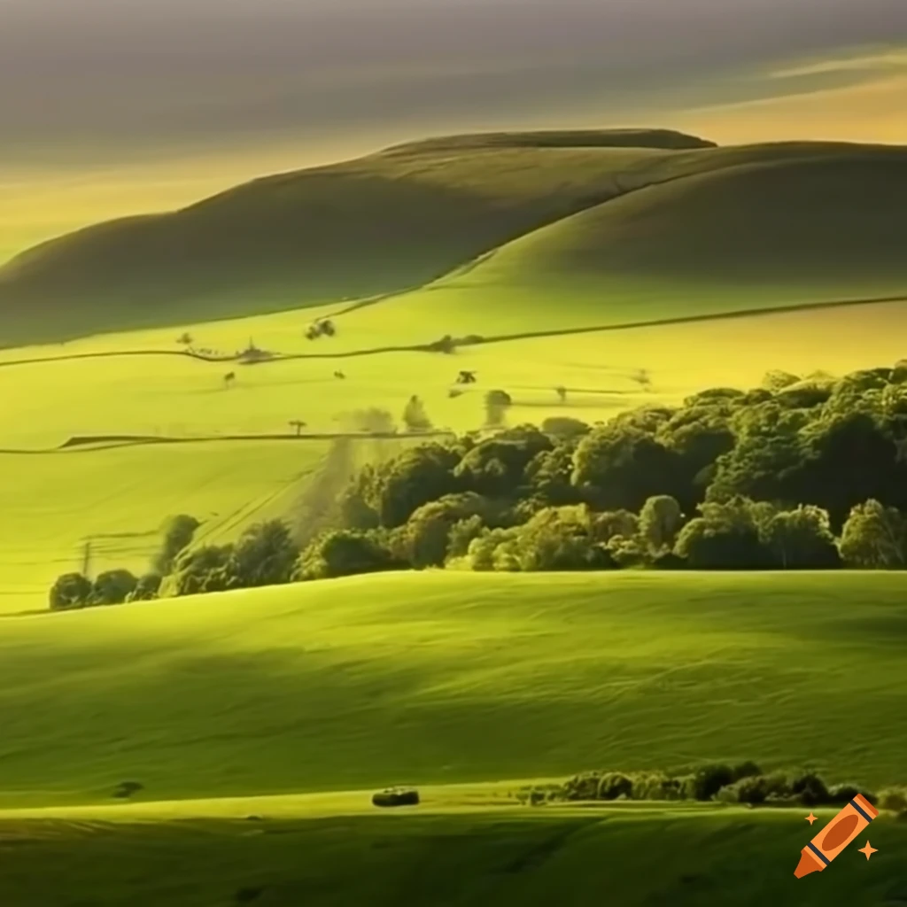 Rolling green hills in the Medieval English countryside fading into fog ...