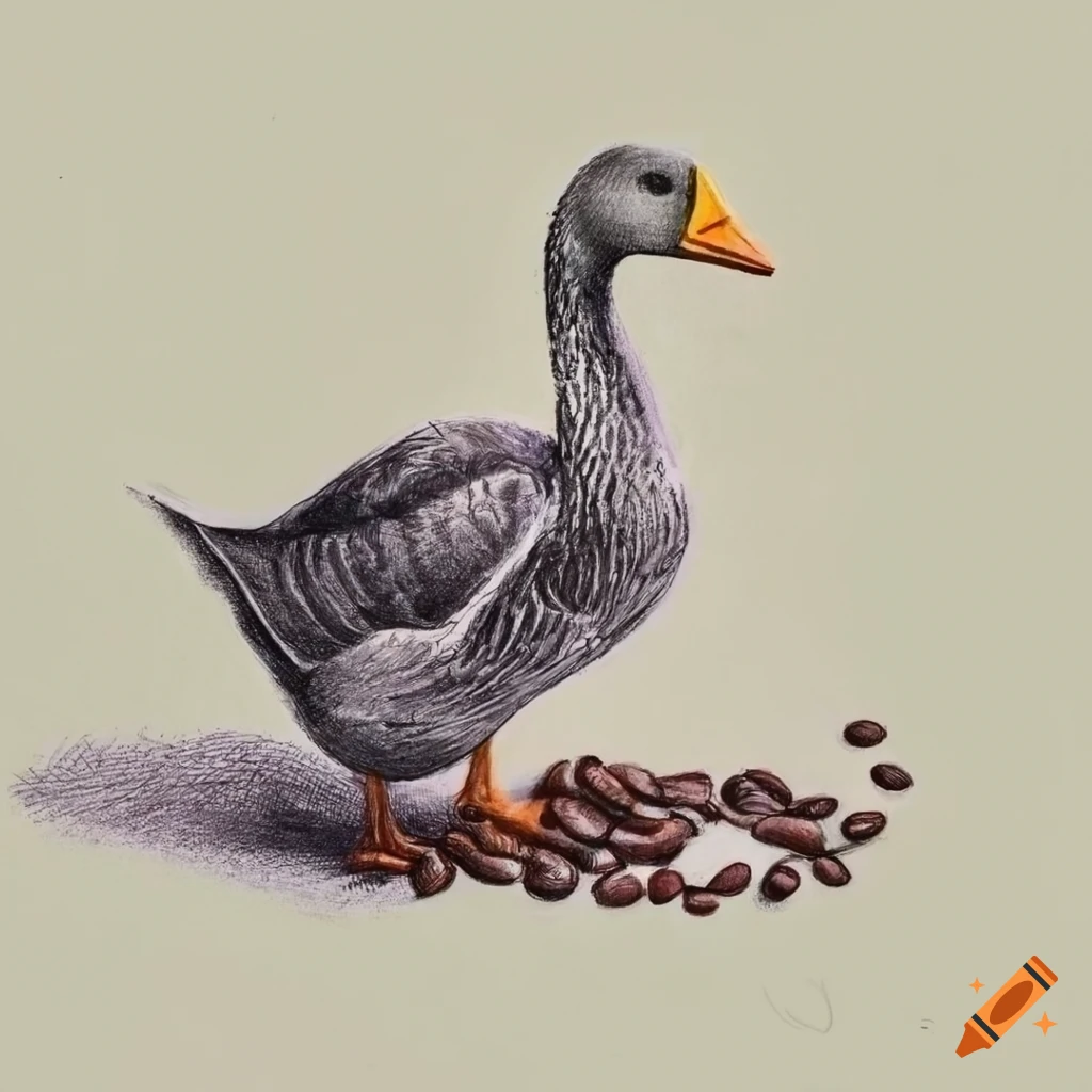 Surrealistic pencil sketch of a curious goose with coffee beans on Craiyon
