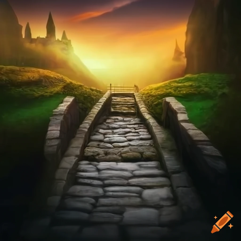 Long cobblestone bridge with fantasy landscape in the distance on Craiyon