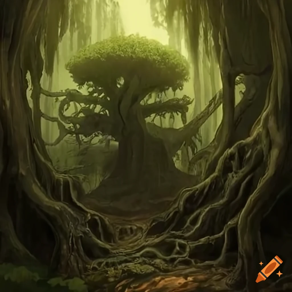 Massive ancient tree with intricate bark and vines thriving with ...