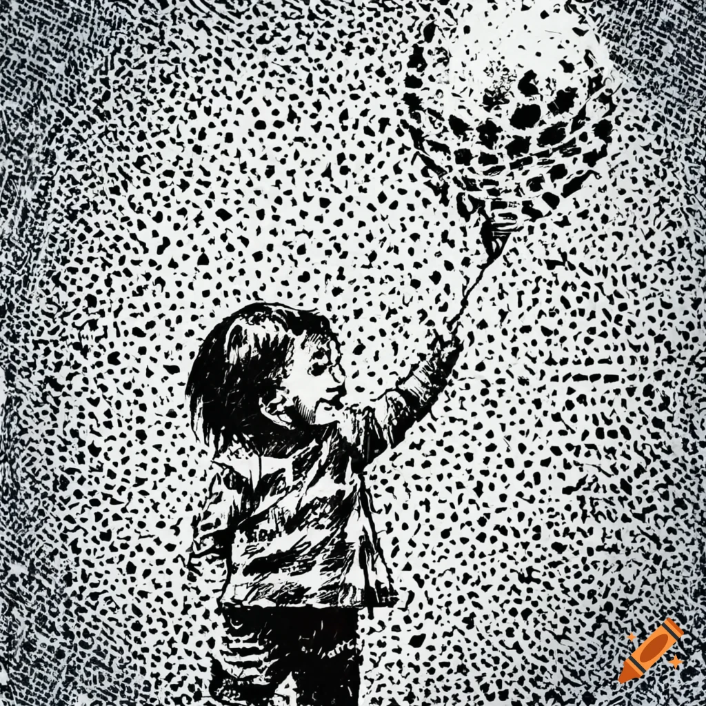 Newspaper-style image of a child holding a balloon in black and white ...