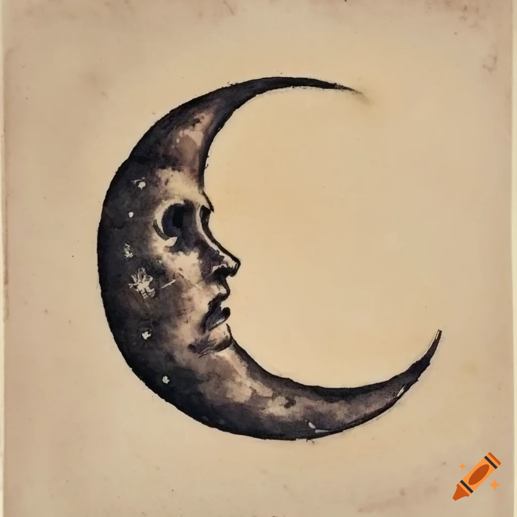 1800s watercolor ink etching of a crescent moon and stars on Craiyon