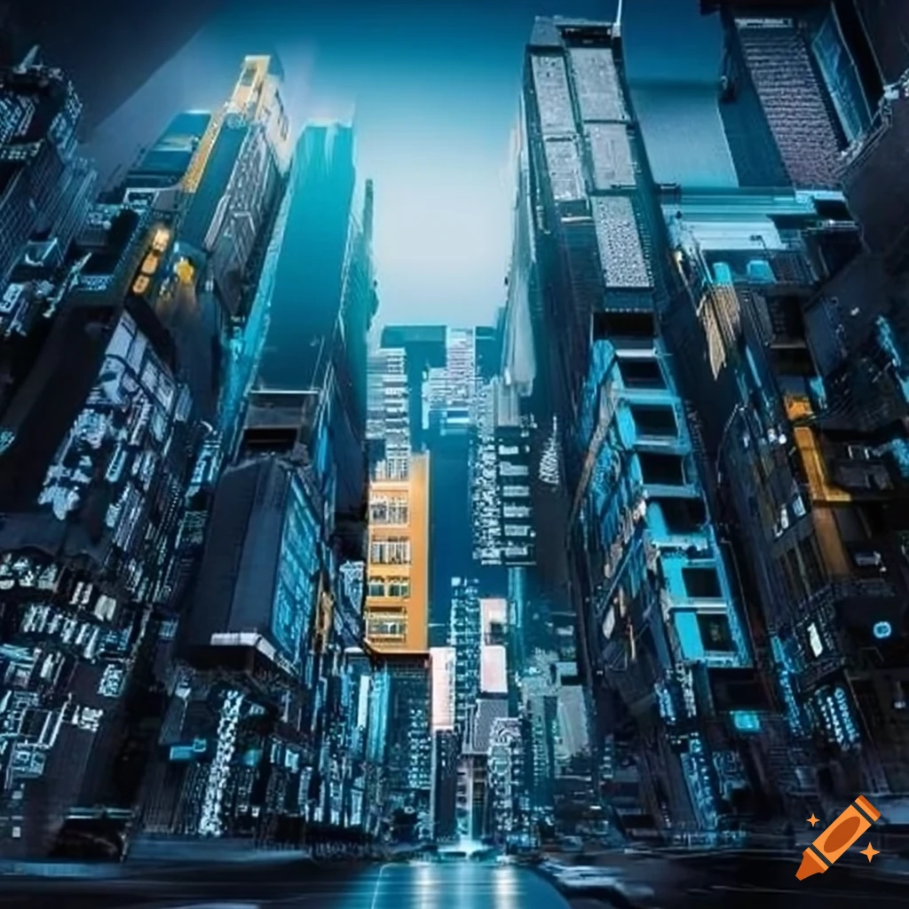 Street view of a landscape made of computer chips and circuit boards on ...