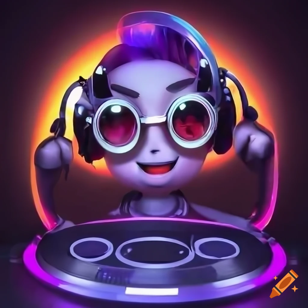 Orange fruit character in DJ costume with colorful lighting on Craiyon
