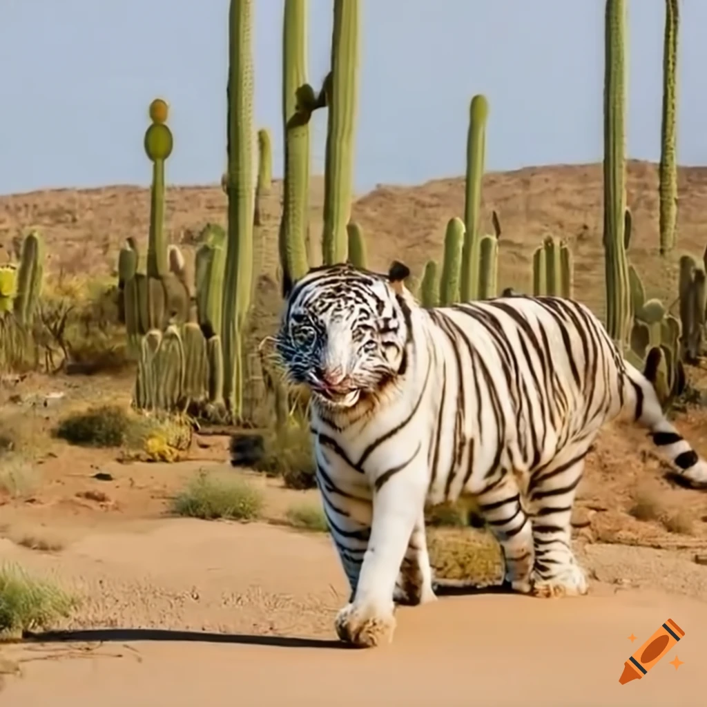 White tiger walking gracefully in a desert landscape with tall cacti on ...