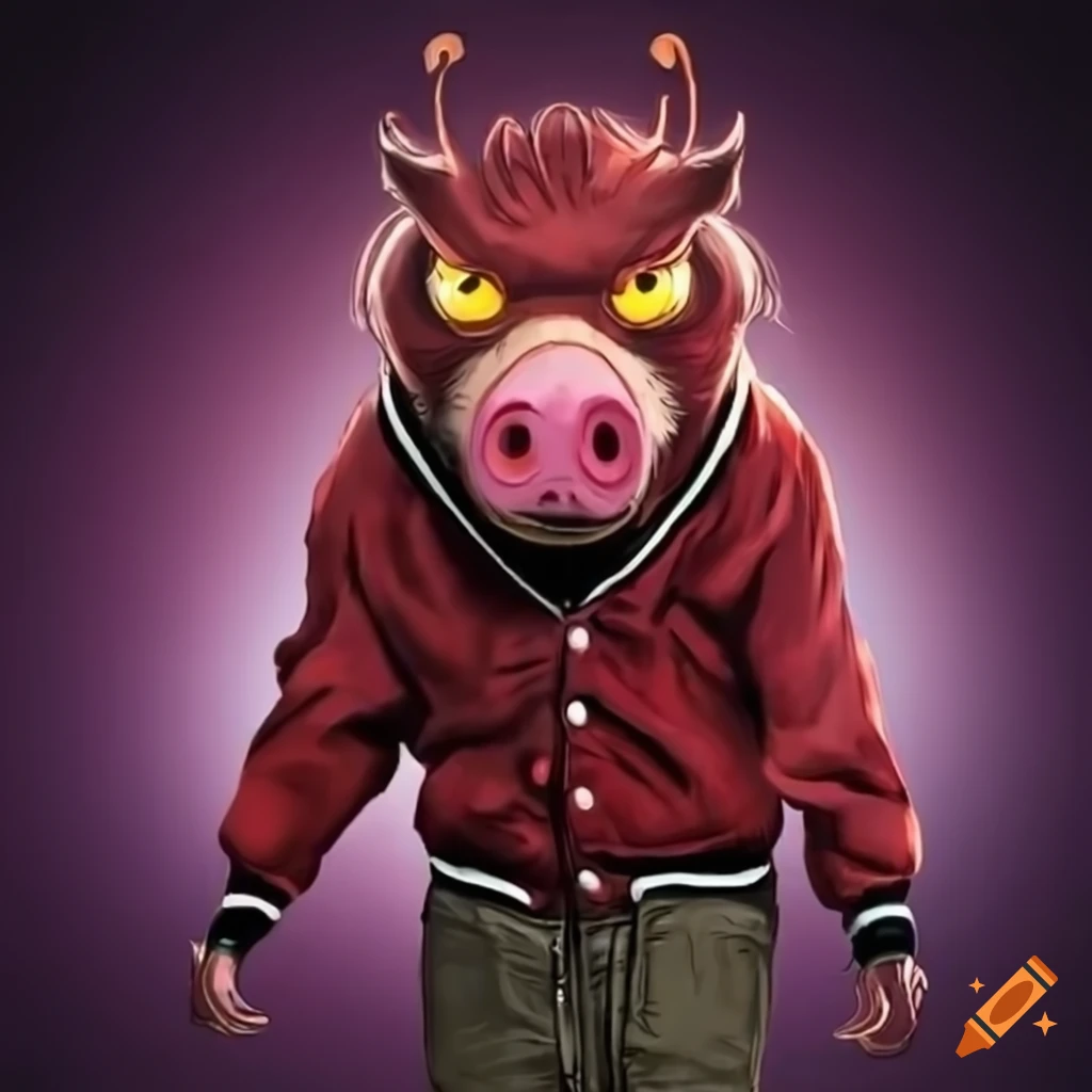 Anthropomorphic evil pig in a baseball jacket on Craiyon