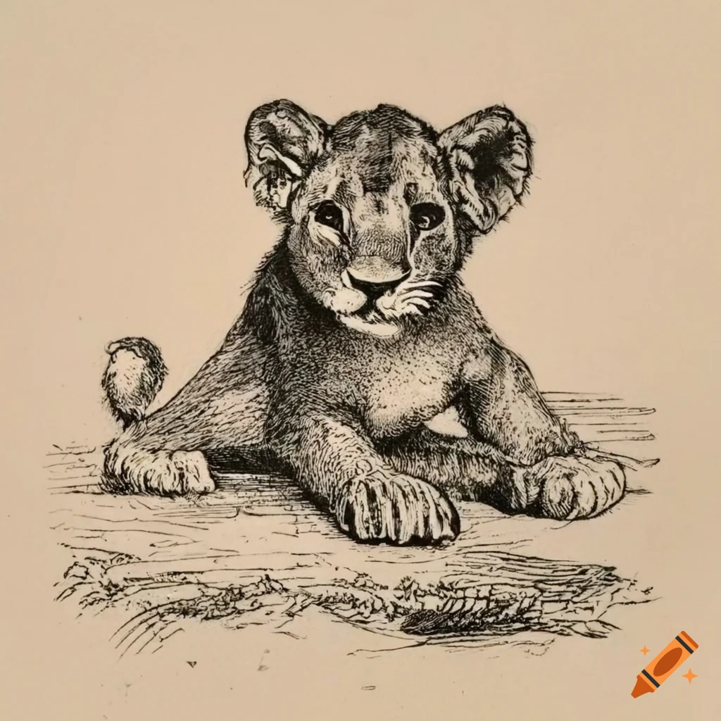 1800s pen and ink etching of a lion cub on Craiyon