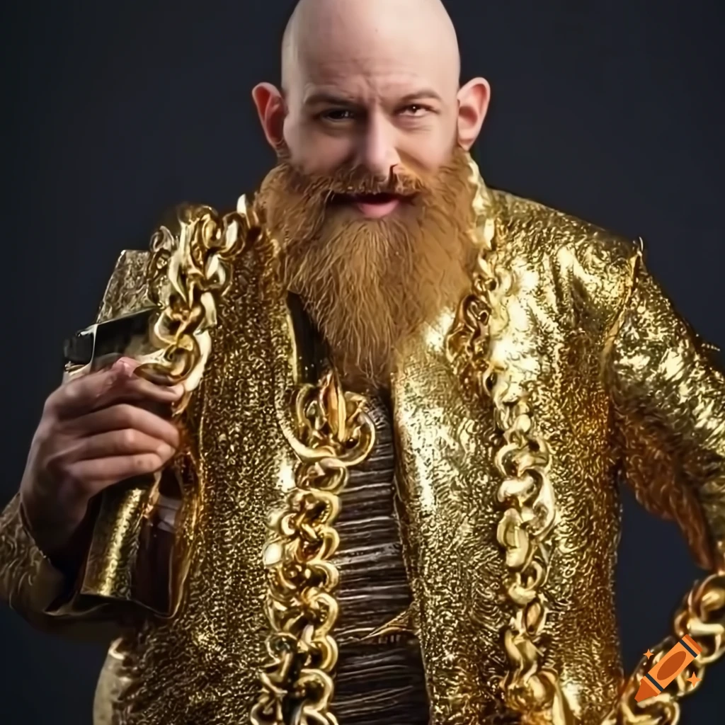 Bald man with beard and gold attire on Craiyon