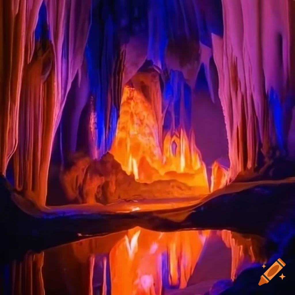 Watery cave with glowing orange crystals on Craiyon