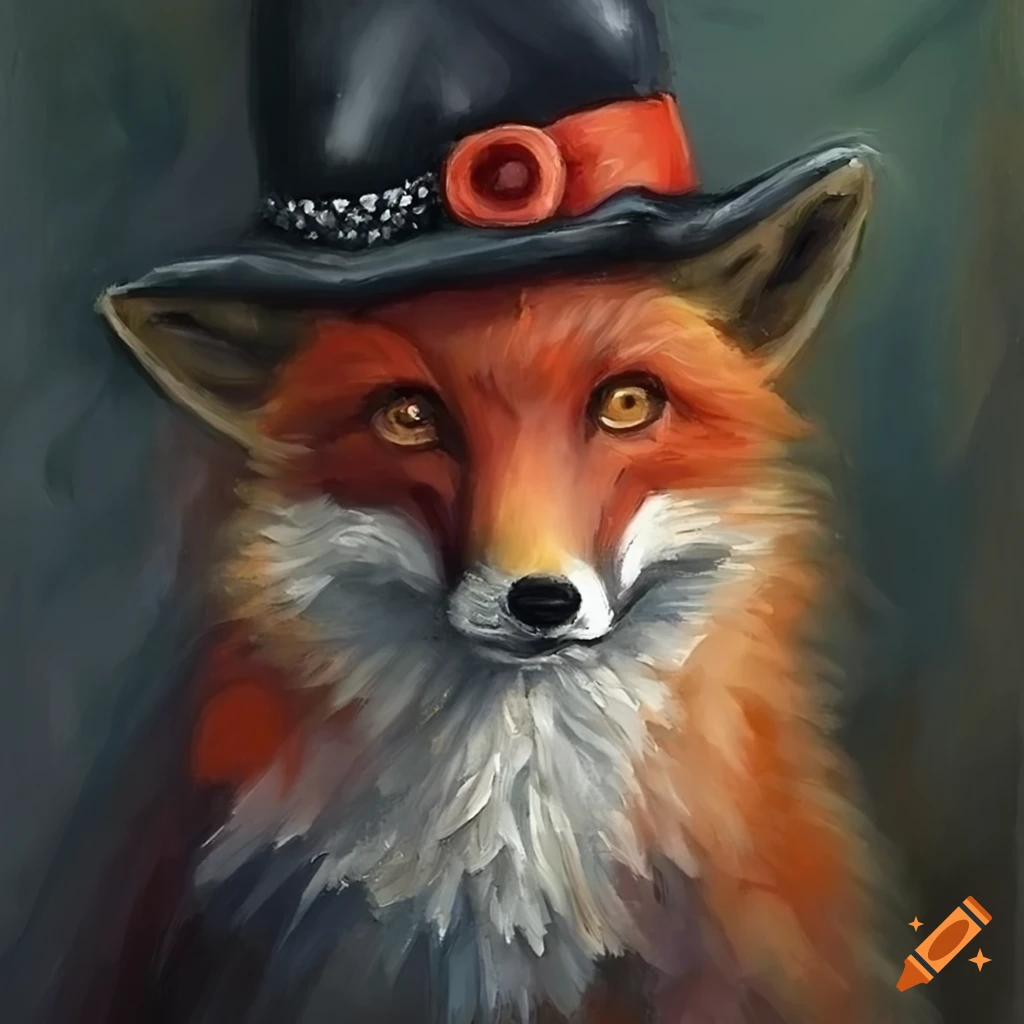 Goth fox wearing a hat in an oil painting on Craiyon