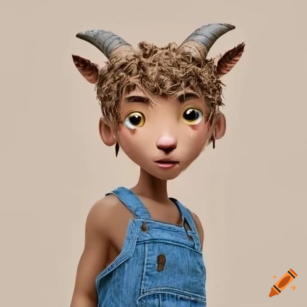 Enchanting goat-boy character with detailed golden eyes and blue jeans ...