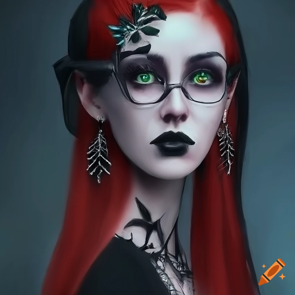 Portrait Of Green Eyed Goth Girl With Long Red Black Hair And Glasses On Craiyon