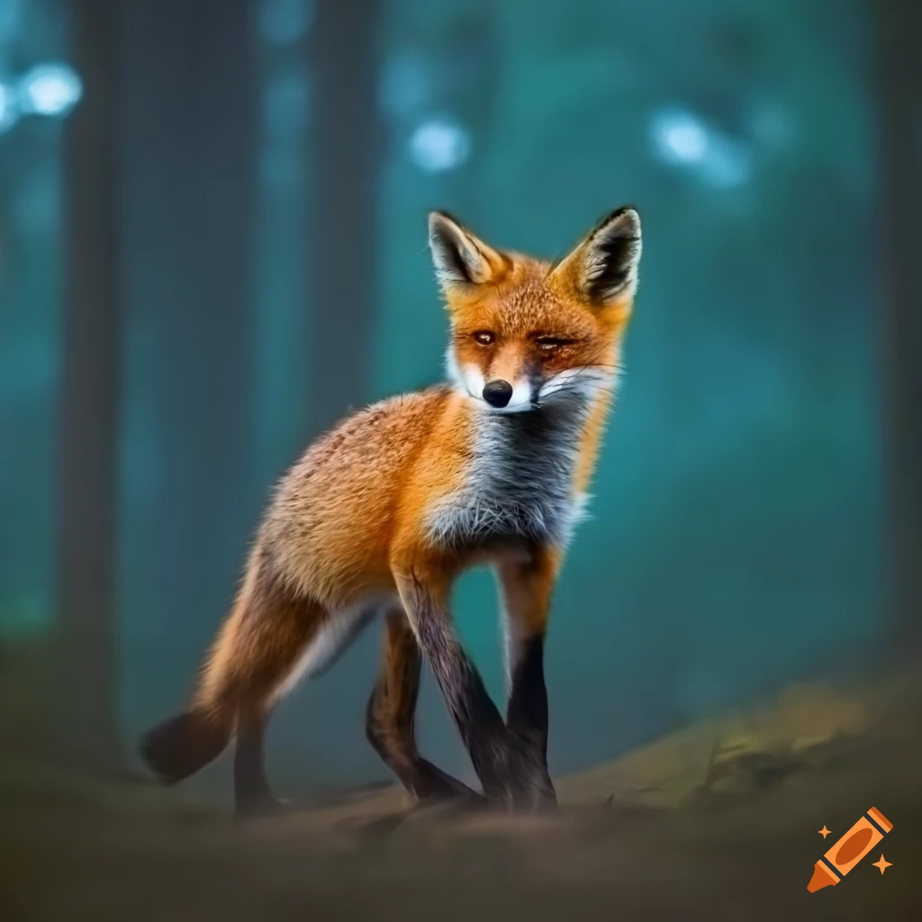 Fox walking in night woods on Craiyon