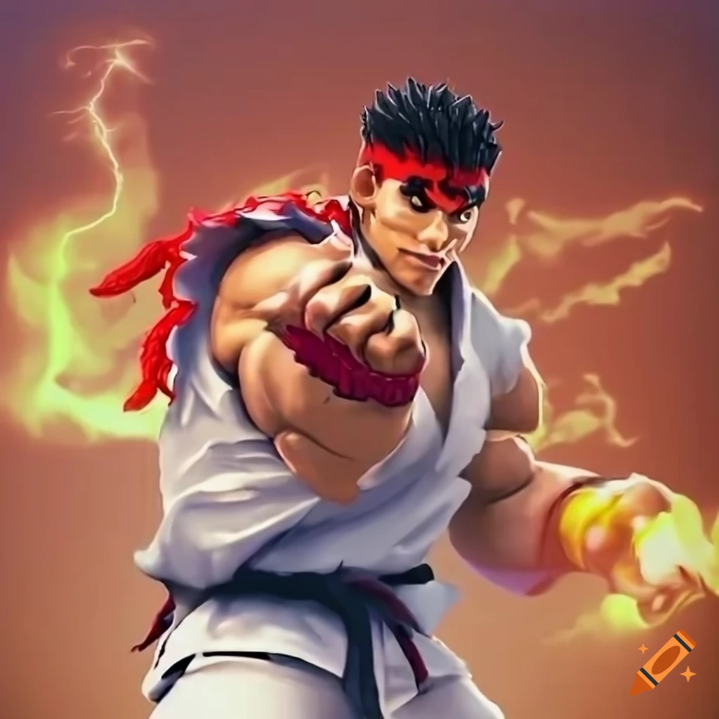 Ryu from street fighter in warrior pose with lightning fireball on Craiyon