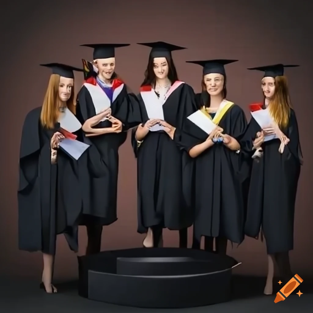 Group of students graduating with diplomas in front of a podium on Craiyon