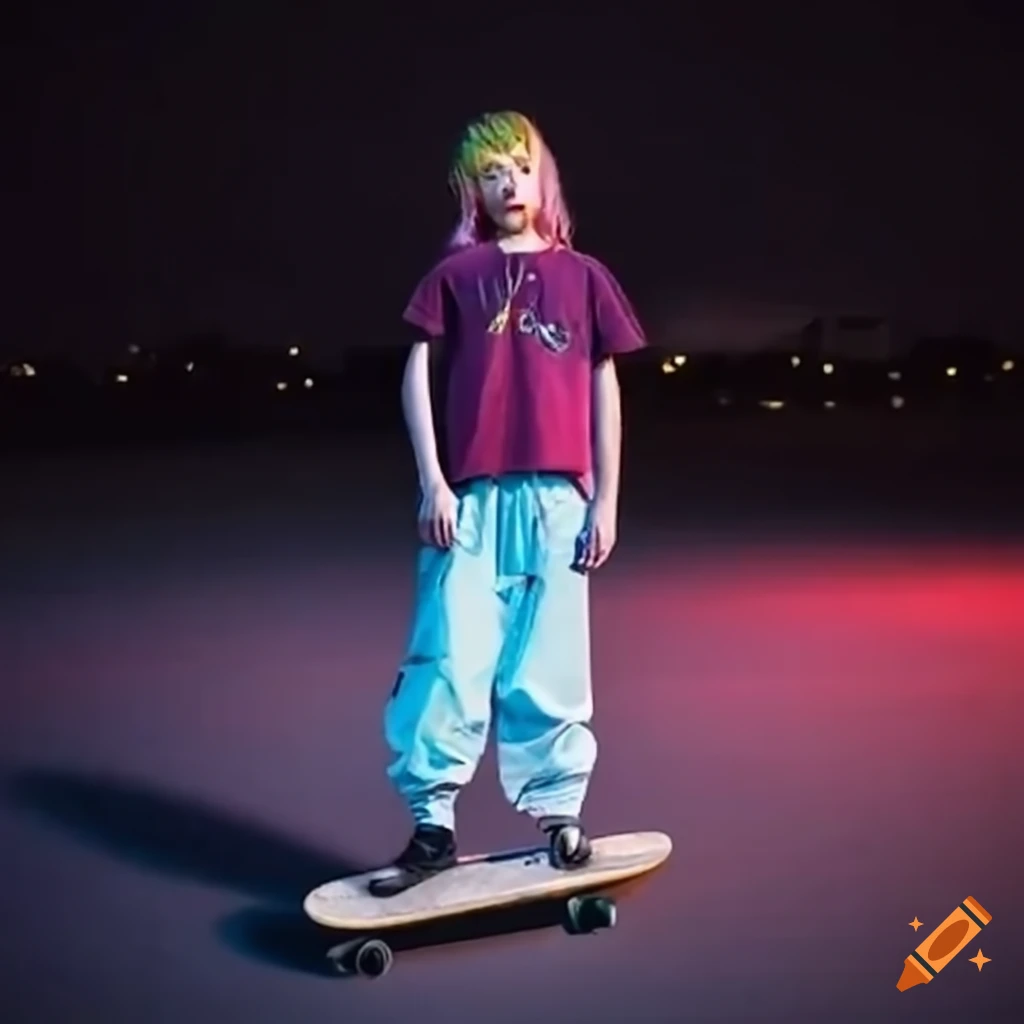 Young man with pink mullet and skateboard on Craiyon