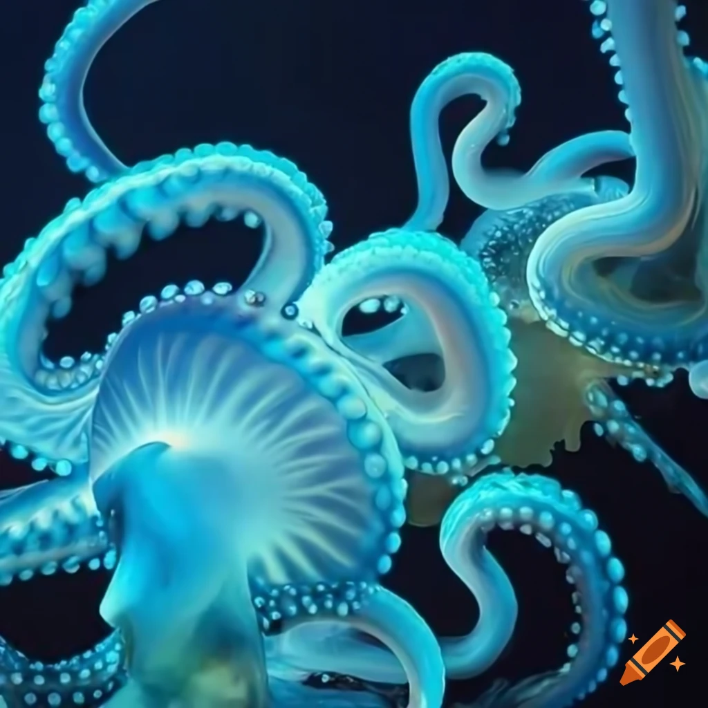 Glowing translucent tentacles of a deep sea octopus creature in motion ...