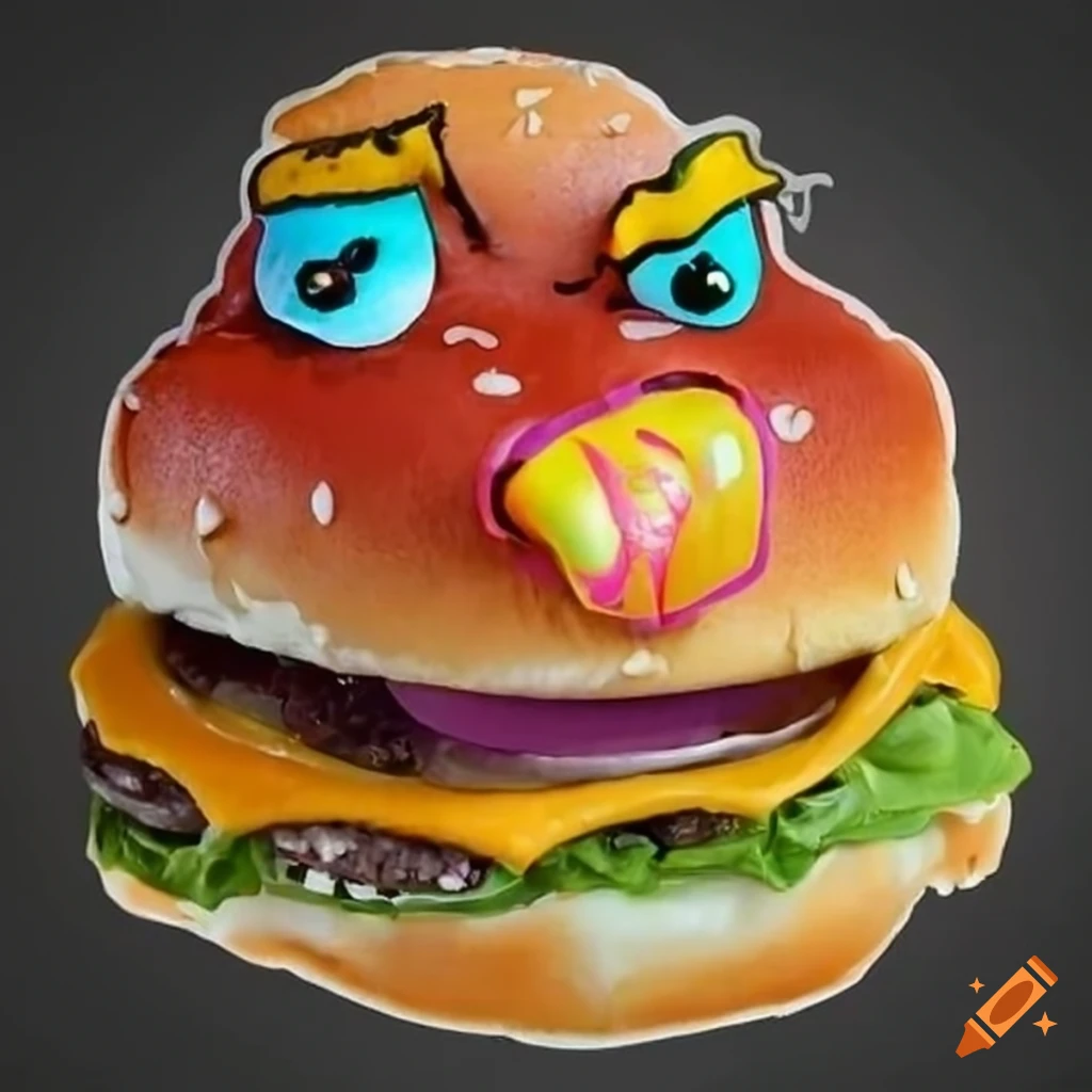 Colorful angry cheeseburger haunting dreams on Craiyon