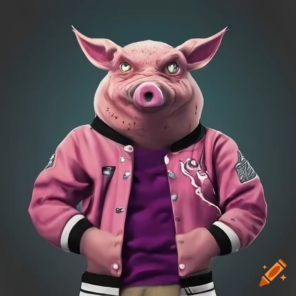 Anthropomorphic evil pig in a baseball jacket on Craiyon