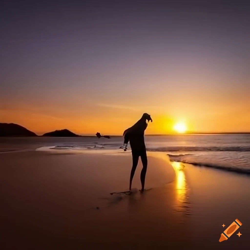 Sunset at the beach with a surfer on the sand on Craiyon