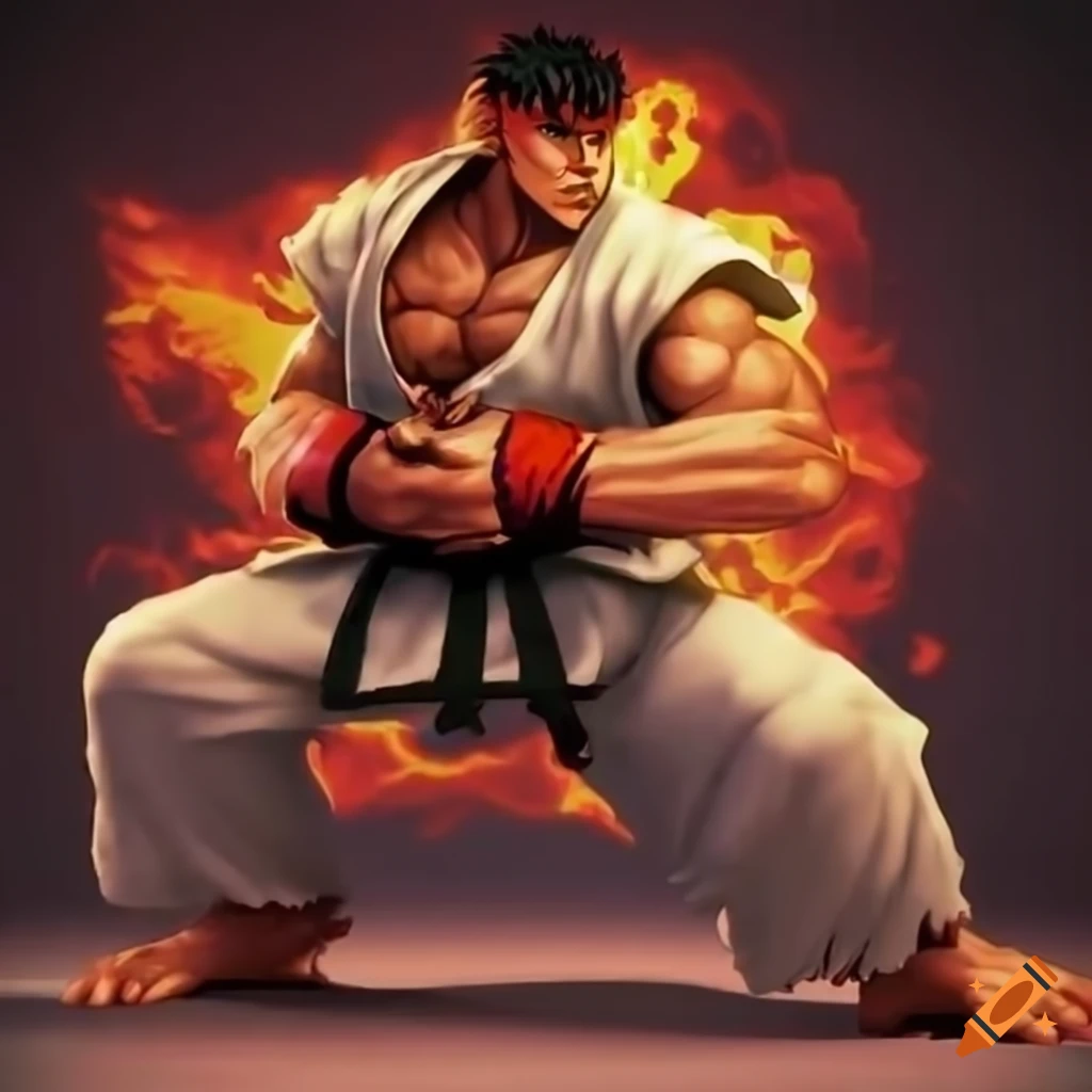 Ryu from street fighter in dj warrior stance with lightning fireball on Craiyon