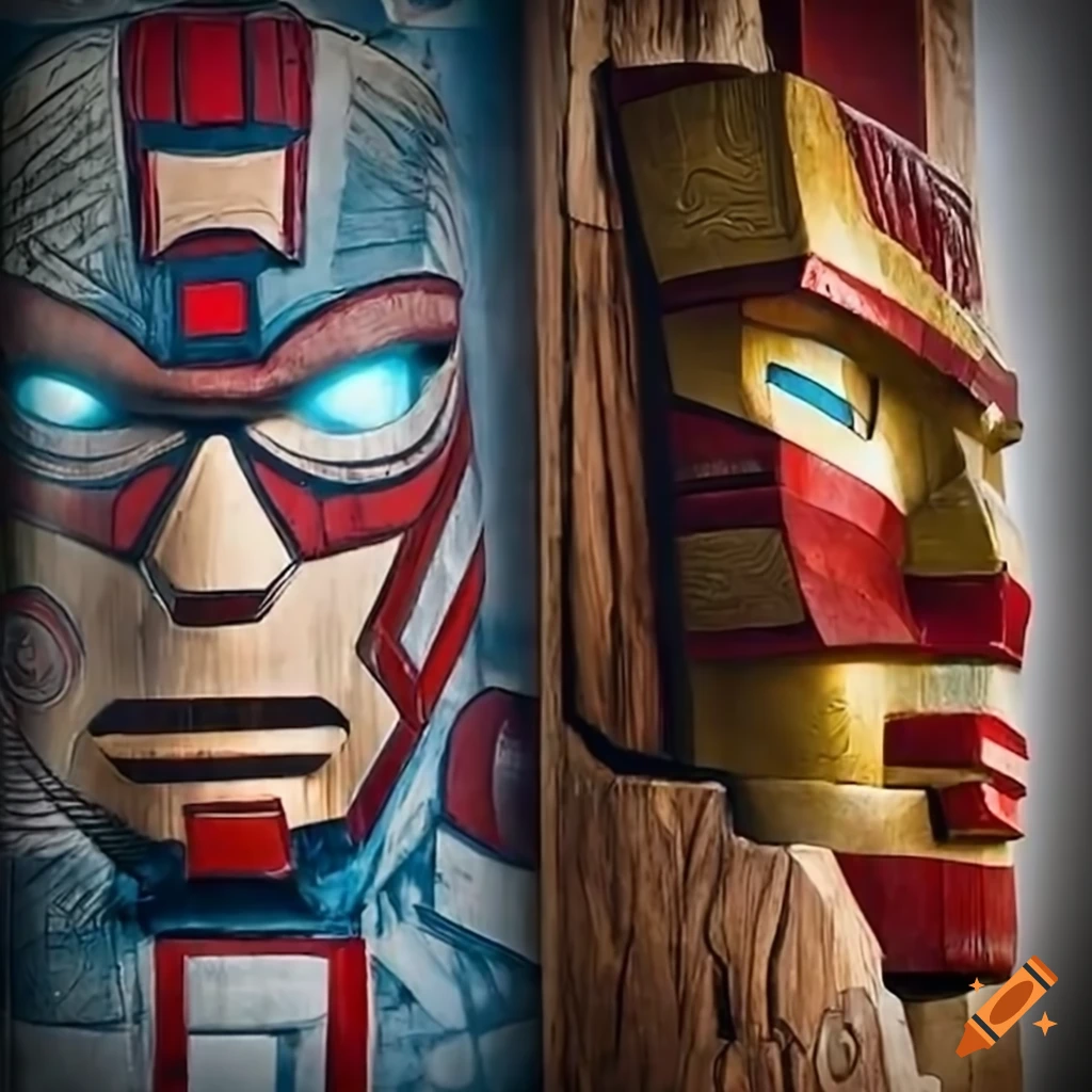 Totem pole featuring iron man and captain america on Craiyon