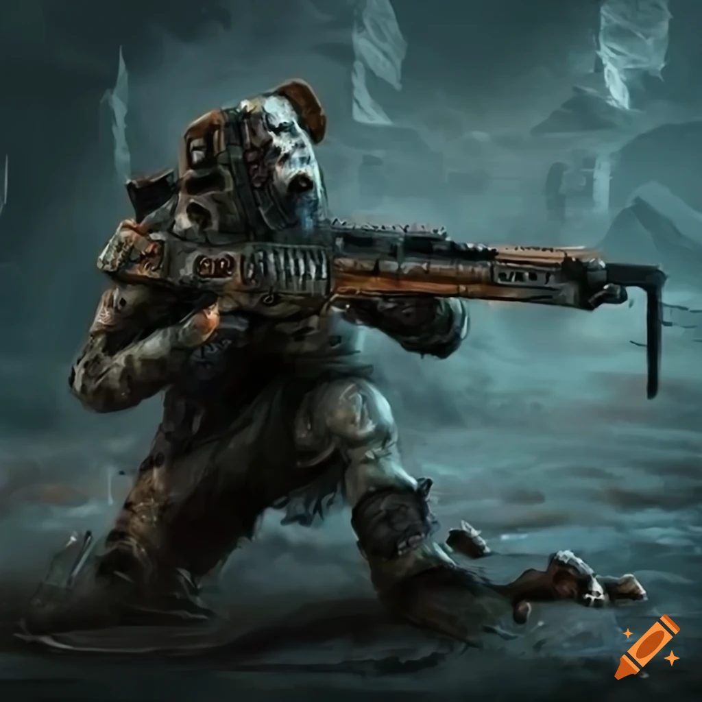 Post-apocalyptic futuristic sniper defending base against mutants on ...