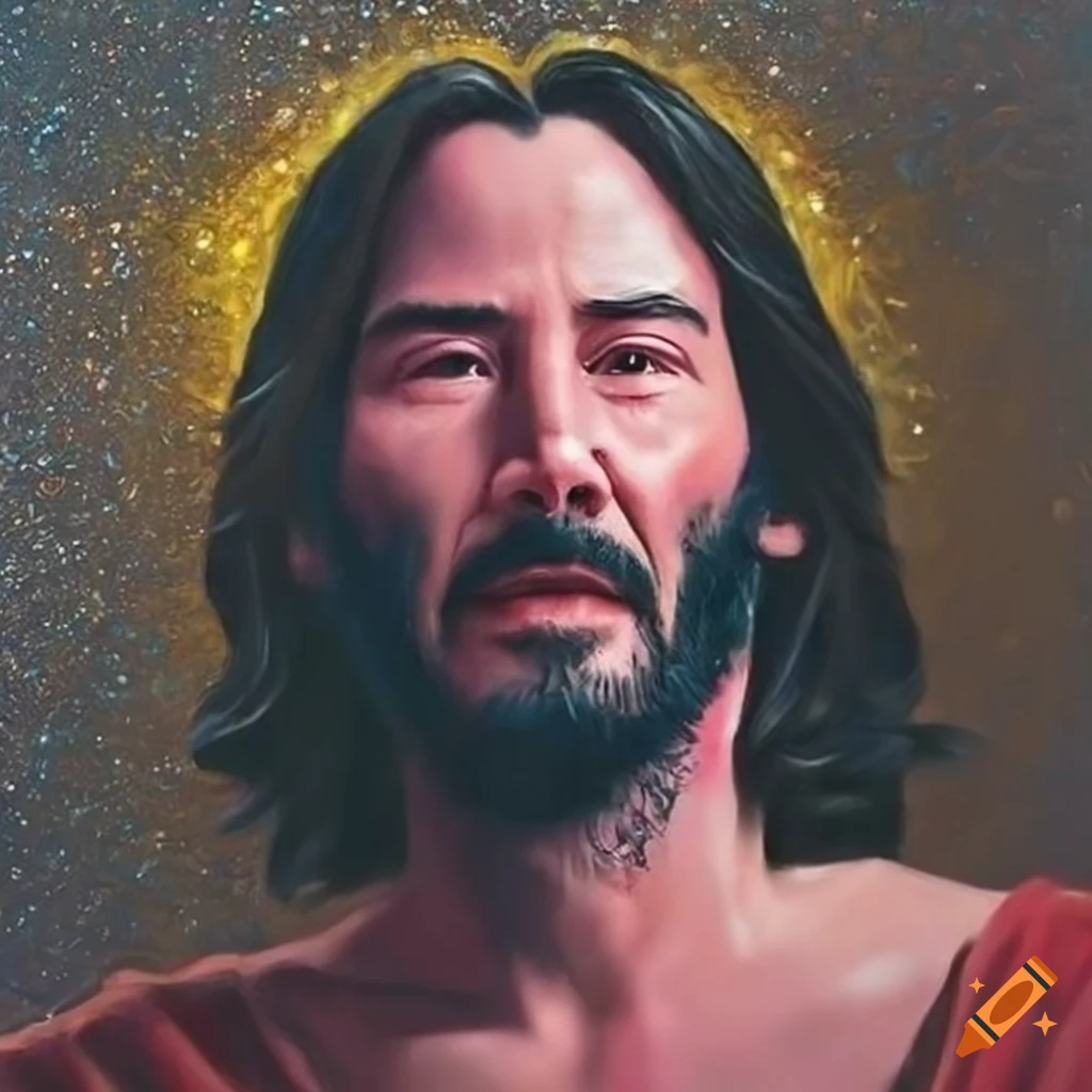Keanu reeves as jesus in an oil painting with a glitter effect on Craiyon