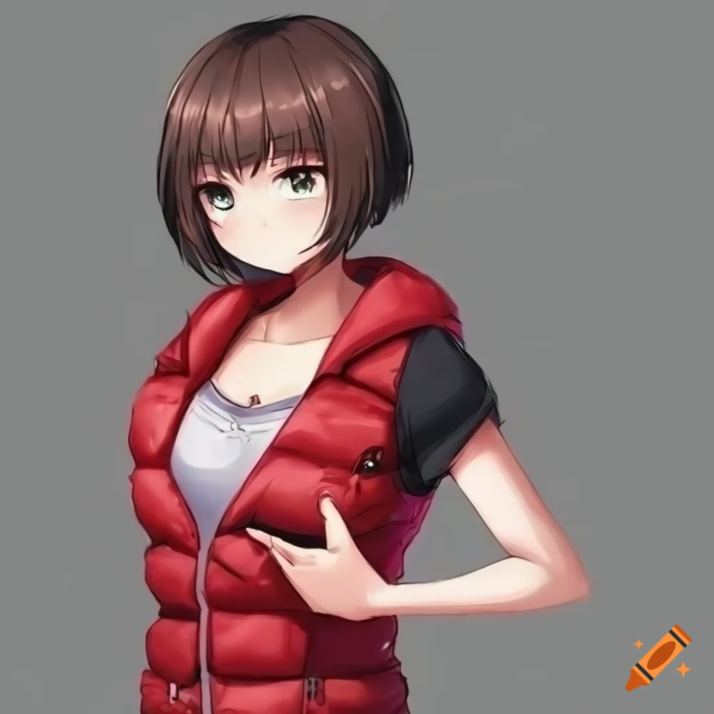 Anime girl with short brown bangs in red down vest and black t-shirt on ...