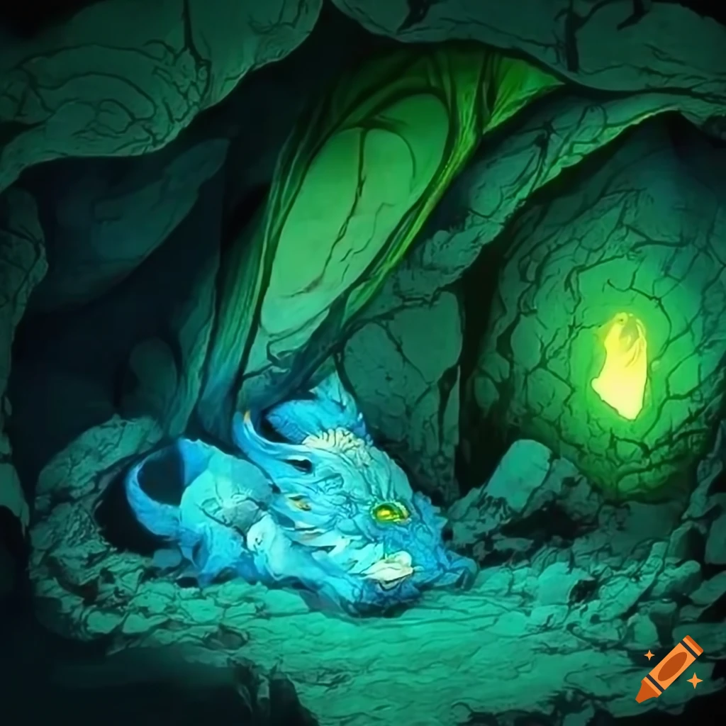 Young green dragon sleeping over gold in a cave with angular pillars on ...