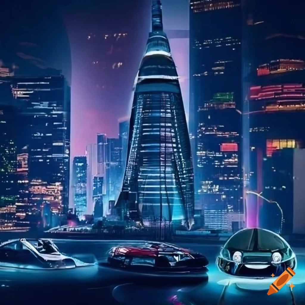 Futuristic skyscraper with glass dome surrounded by flying cars in a ...