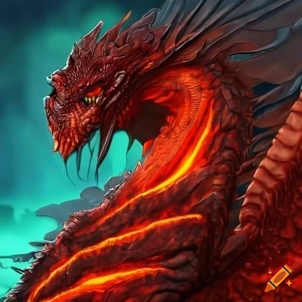 Large red dragon with sea green eyes and wings in a lava background on Craiyon
