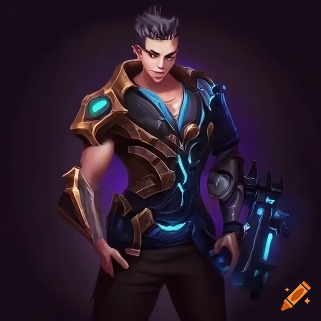 Young man with a hi-tech gun in league of legends style on Craiyon
