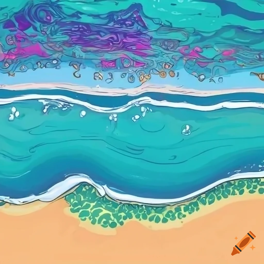 Colorful cartoonish urban beach with ocean from above on Craiyon