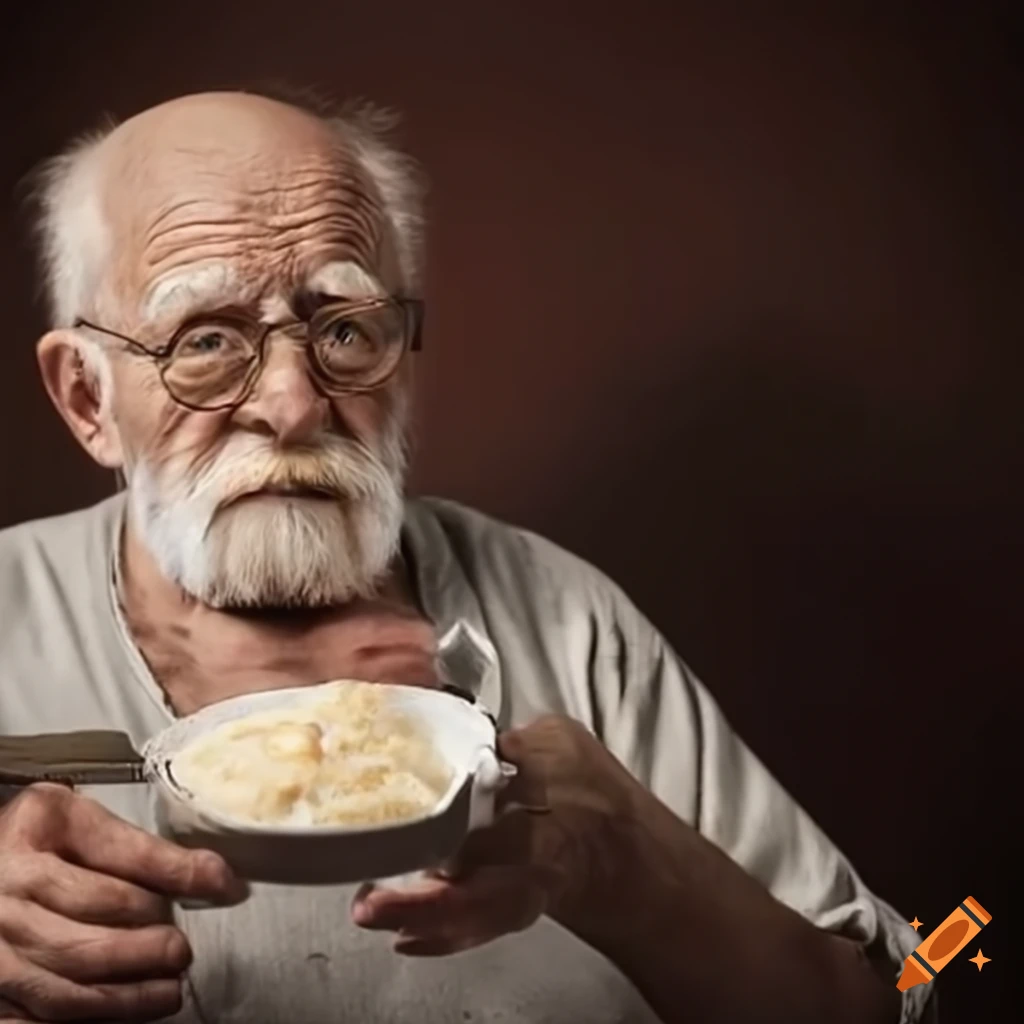 Old man enjoying porridge in a realistic portrait on Craiyon